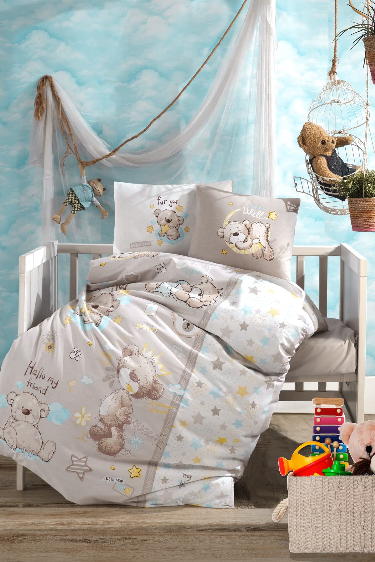 paradise RANFORCE 100% Cotton Baby Bedding, Heart Teddy Bear Themed Duvet Cover Set, Crib Bedding for Baby Girls,