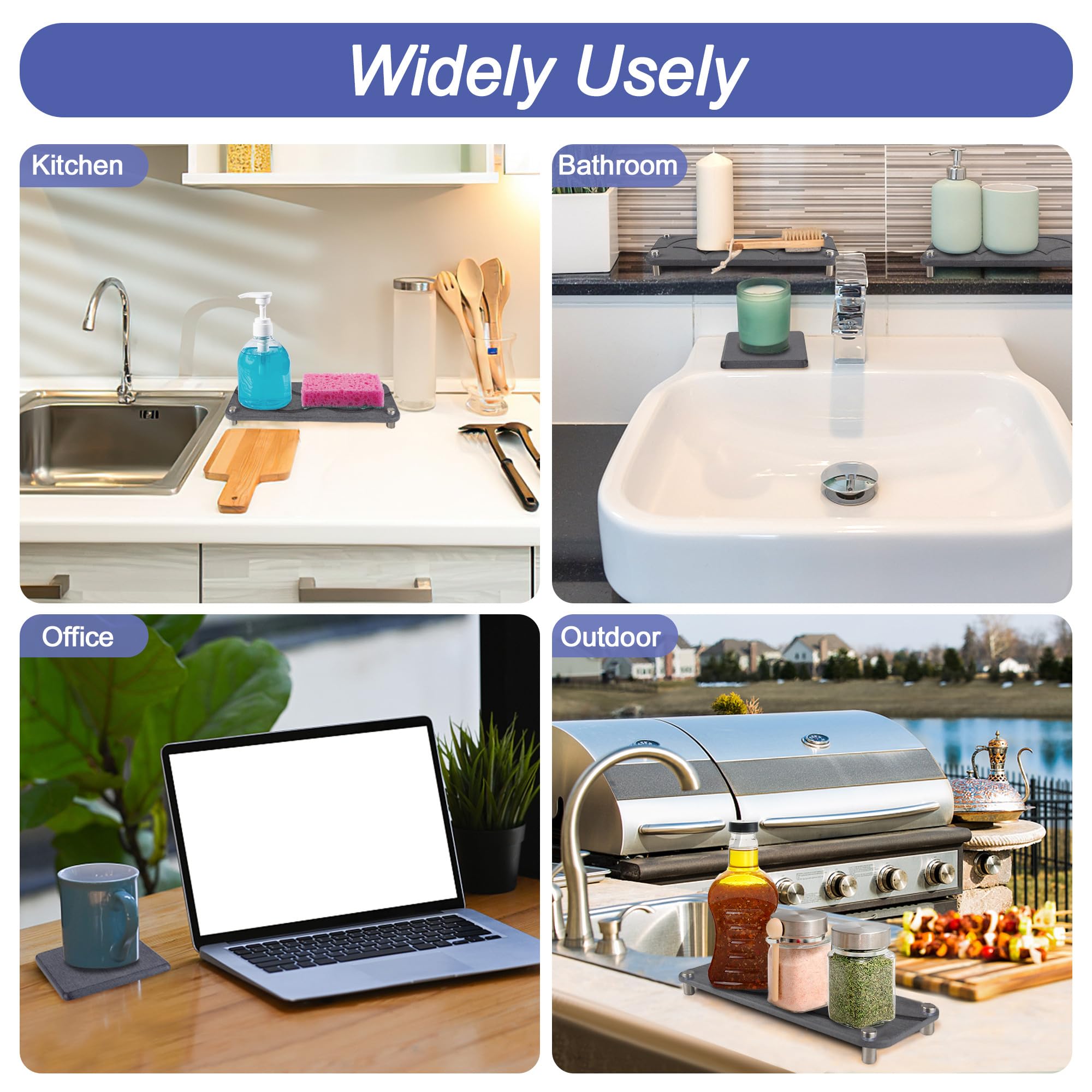 Yukee 4PCS Instant Dry Sink Caddy Kitchen Sink Organizer Stone Drying Tray, Water Absorbing Stone Tray for Sink Sponge Holder, Diatomaceous Earth Bathroom Tray Countertop Vanity Tray