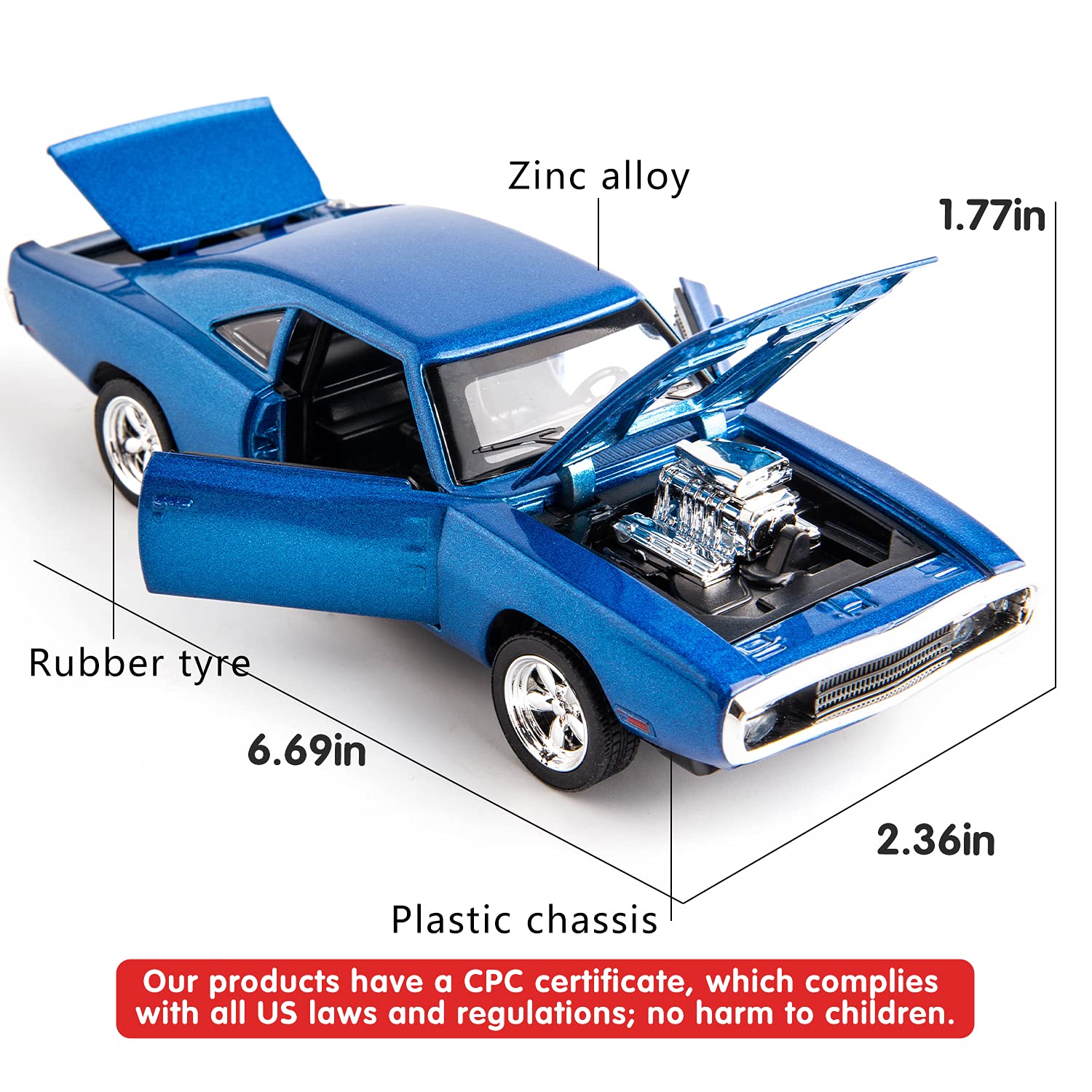 BDTCTK Compatible for 1:32 Dodge Charger Model Car, Zinc Alloy Pull Back Toy Car with Sound and Light for Kids Boy Girl Blue