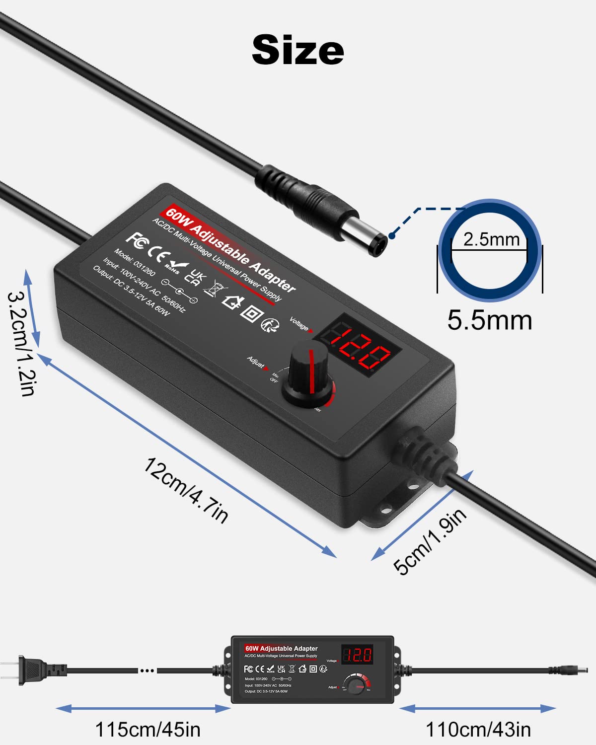 60W Variable Power Supply Adjustable DC 3V ~ 12V 5A Power Adapter 100-240V AC to DC Converter 3-12 Volt 5 Amp Transformer Adjustable, 14 Tips &1 Reverse Polarity Cable