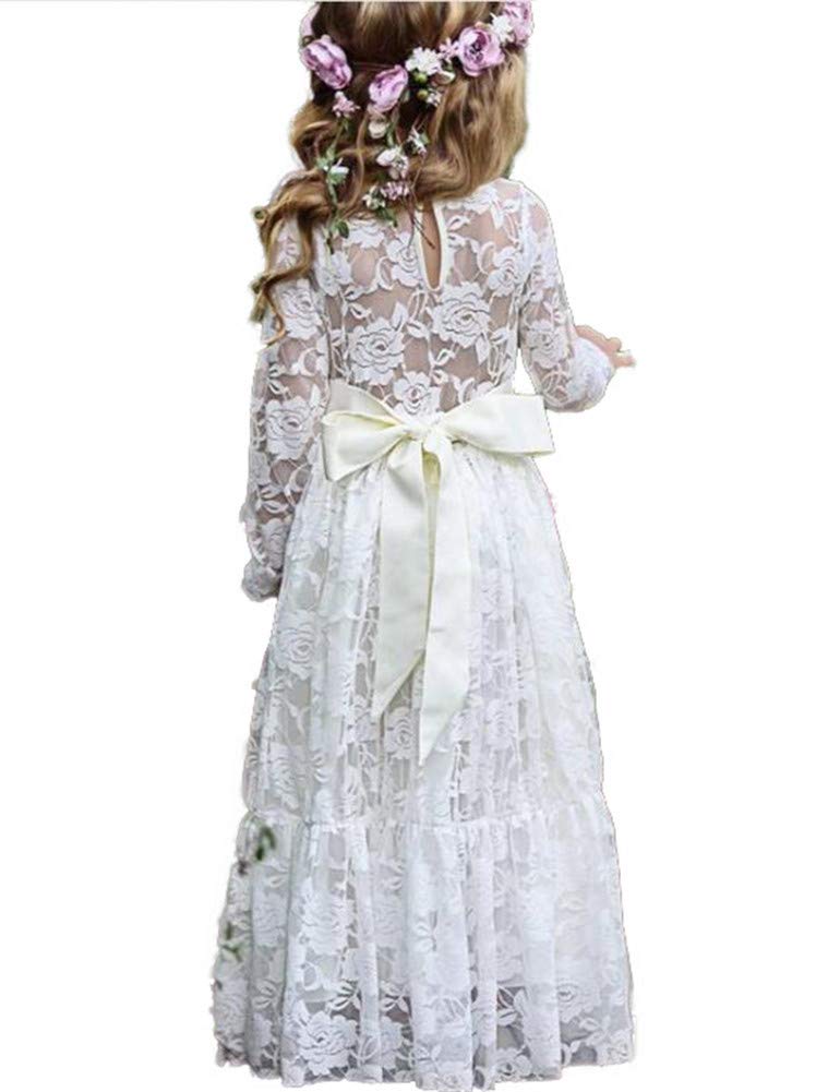 Toddler Flower Girl Fancy Ivory White Lace Boho Long Sleeve Full Length Slim Maxi Princess Dresses 4T