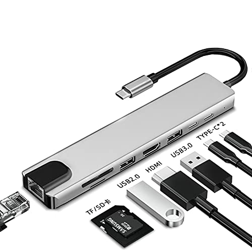 USB C Hub, 8-in-1 USB C Adapter with 4K, USB-C to Type-C USB 3.0 Hub RJ45 Ethernet Mini SDTF OTG Adapter