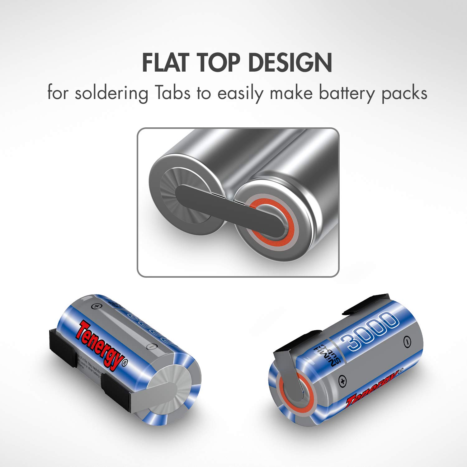 Tenergy NiMH SubC 1.2V 3000mAh Rechargeable Batteries, with Tabs, 15 Pack