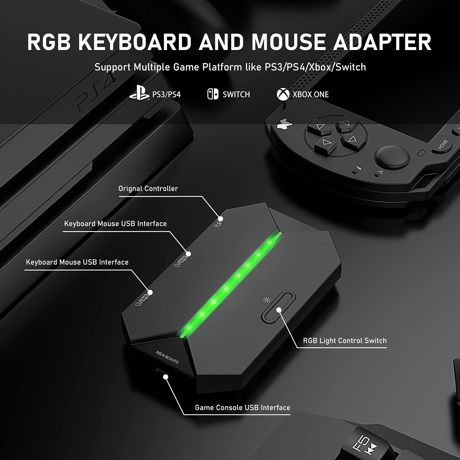 4 in 1 Wireless Gaming Keyboard Mouse and Converter with RGB Backlit Mini 61Key Ergonomic Honeycomb Shell 2.4Ghz USB Receiver Bluetooth Wired Adapter for PS4 PS3 Xbox Switch PC Mac Gamer Typist(Black)