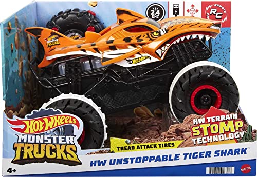 Hot Wheels Rc Monster Trucks Unstoppable Tiger Shark in 1:15 Scale, Remote-Control Toy Truck with Terrain Action Tires