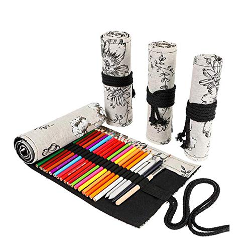 FZBNSRKO Colorful Print Pencils Case Wrap,Travel Portable Roll Up Canvas Pencil Storage Organizer Holder for Artist Adult Coloring Books with 72 Slots,Holiday Gifts(Black Peony)
