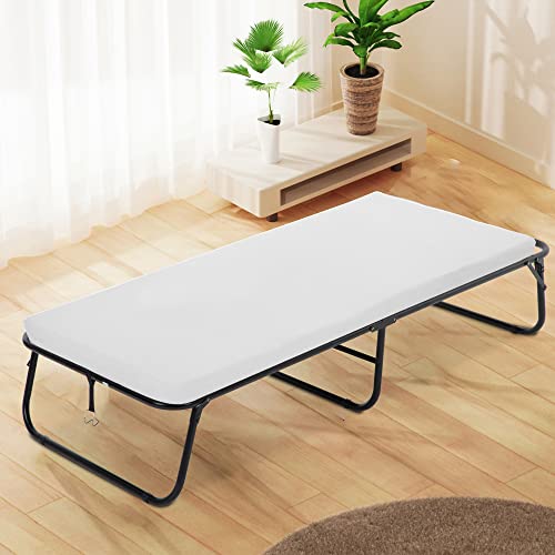 Guest Folding Bed Camping Cot Portable Beds Folding Bed Frame with 3.9 Inch Comfort Foam Mattress Strong Sturdy Frame Heavy Duty L77*W31*H12 Inches for Spare Bedroom & Office,White