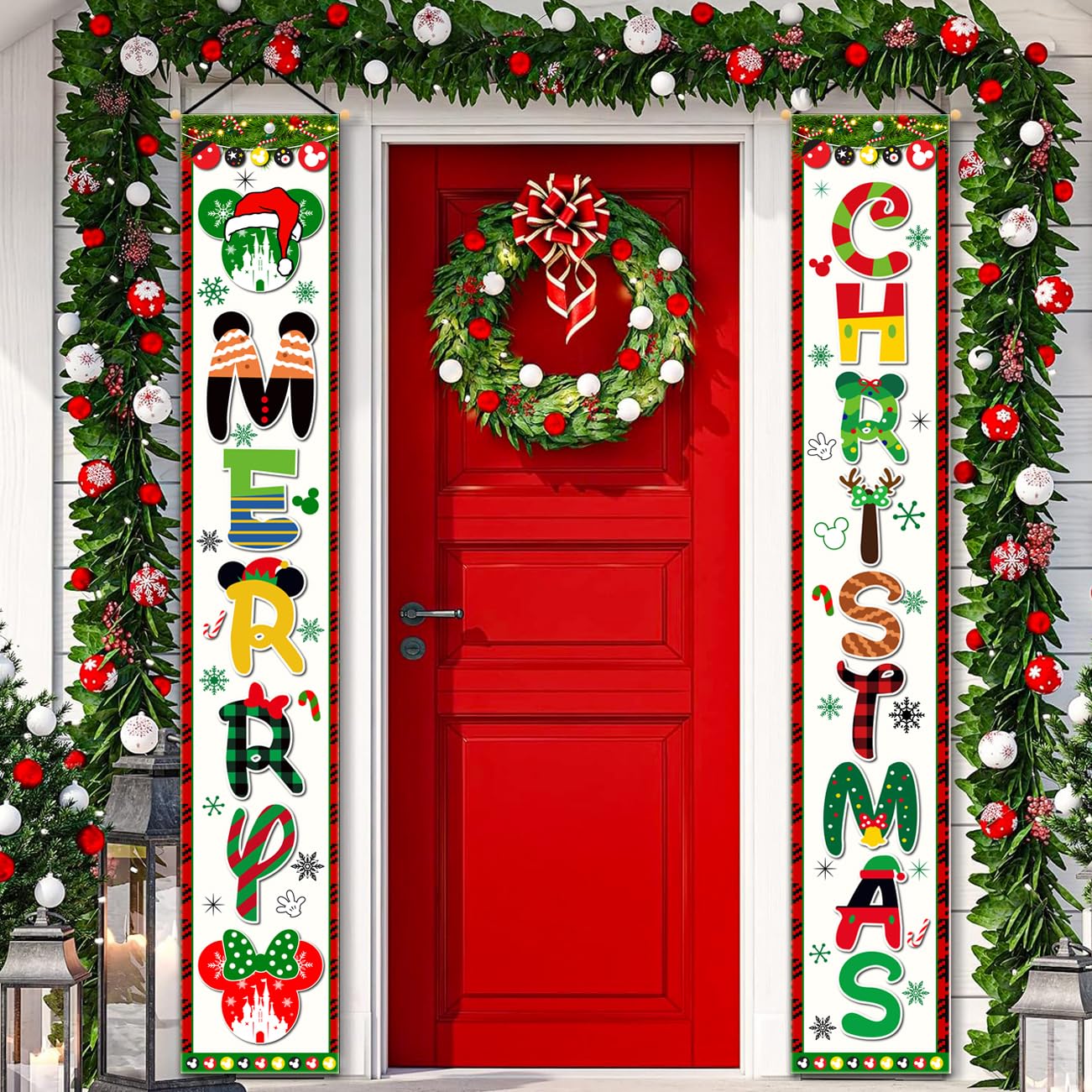 Christmas Decorations Porch Sign Banner, 2Pcs Merry Christmas Door Decorations Hanging Banner Christmas Indoor Outdoor Welcome Front Door Banner for Christmas Holiday Door Decor