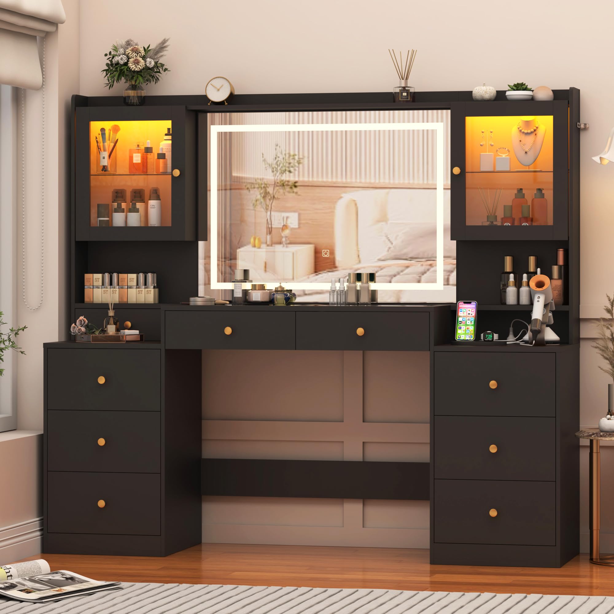 62" Large White Vanity Desk w/ Tempered Glass Top,60000-color LED Lights,Power Outlet, Make up Vanity w/ 3 Lights Mode LED Mirror,9 Drawers,2 RGB Cabinet LED Vanity Table for Women,Girls
