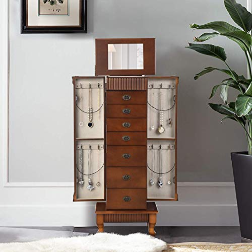 HOMGX Cabinet Chest, Makeup Mirror and Top Divided Storage Organizer, Large Standing Jewelry Armoire with 7 Drawers, 2 Swing Doors, 12 Necklace Hooks