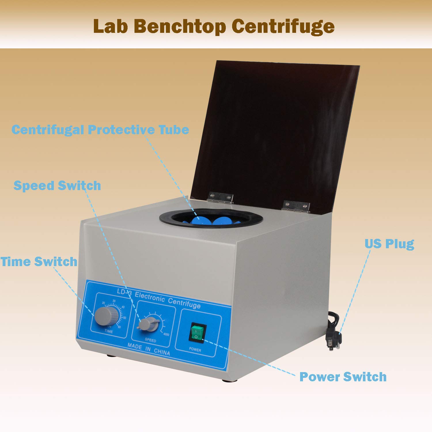 Podoy Electric Lab Benchtop Centrifuge Low-Speed 4000rpm 50ml 6 Tubes 0-60min Timer Speed Control Centrifuge Laboratory Machine Desktop 110V LD-3
