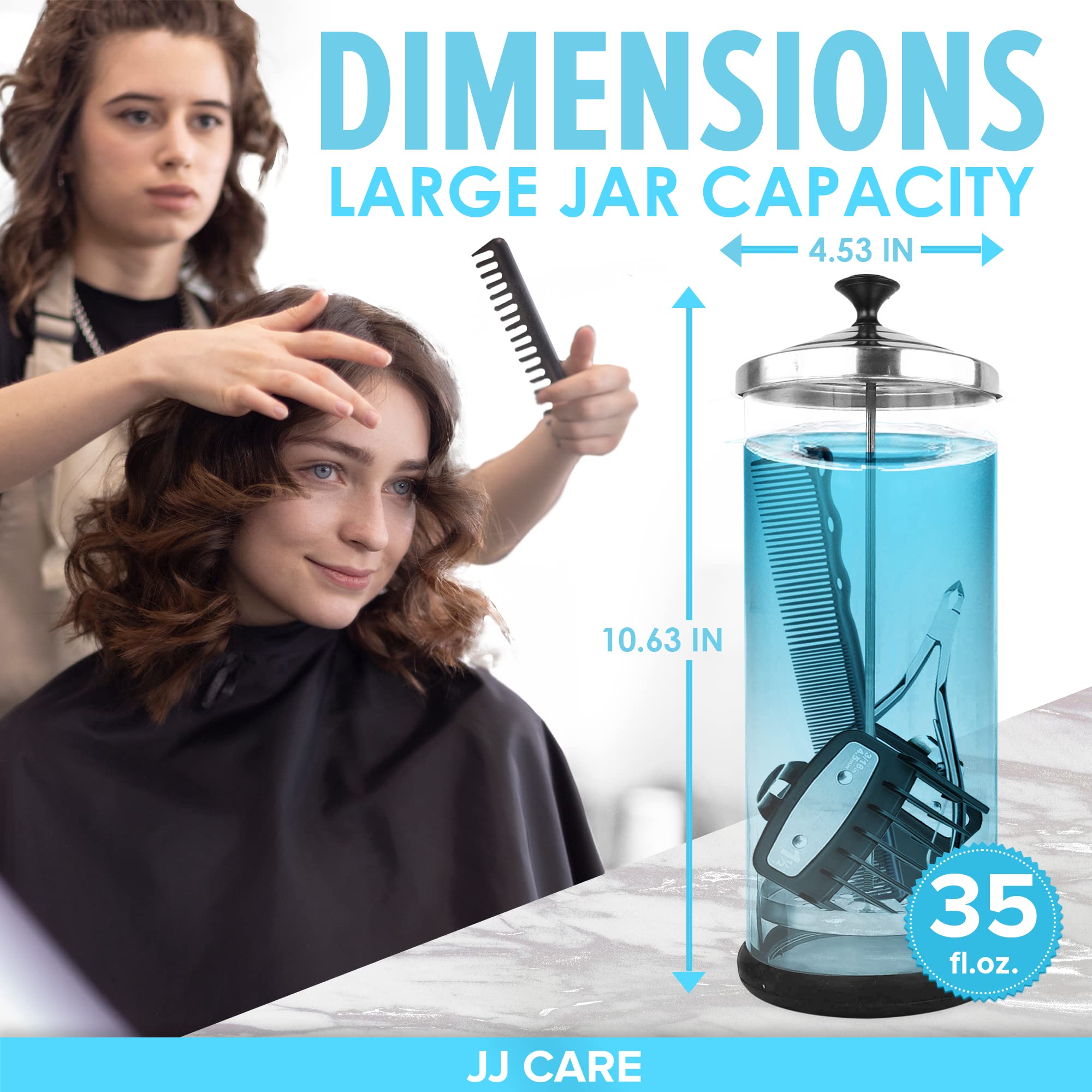 JJ CARE Disinfectant Jar (35 oz) - Barber Jar Glass, Sanitizer Disinfectant Glass Jar, Barber Disinfectant Jar Implement Disinfectant Container w/Stainless Steel Removable Strainer & Cap - Black Lid