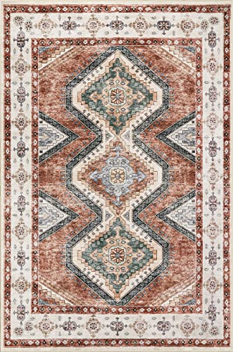 Area Rug Living Room Rugs - 9x12 Large Machine Washable Boho Carpets Vintage Persian Tribal Anti Slip Backing Thin Carpet for Under Dining Table Bedroom Farmhouse Home Office Red