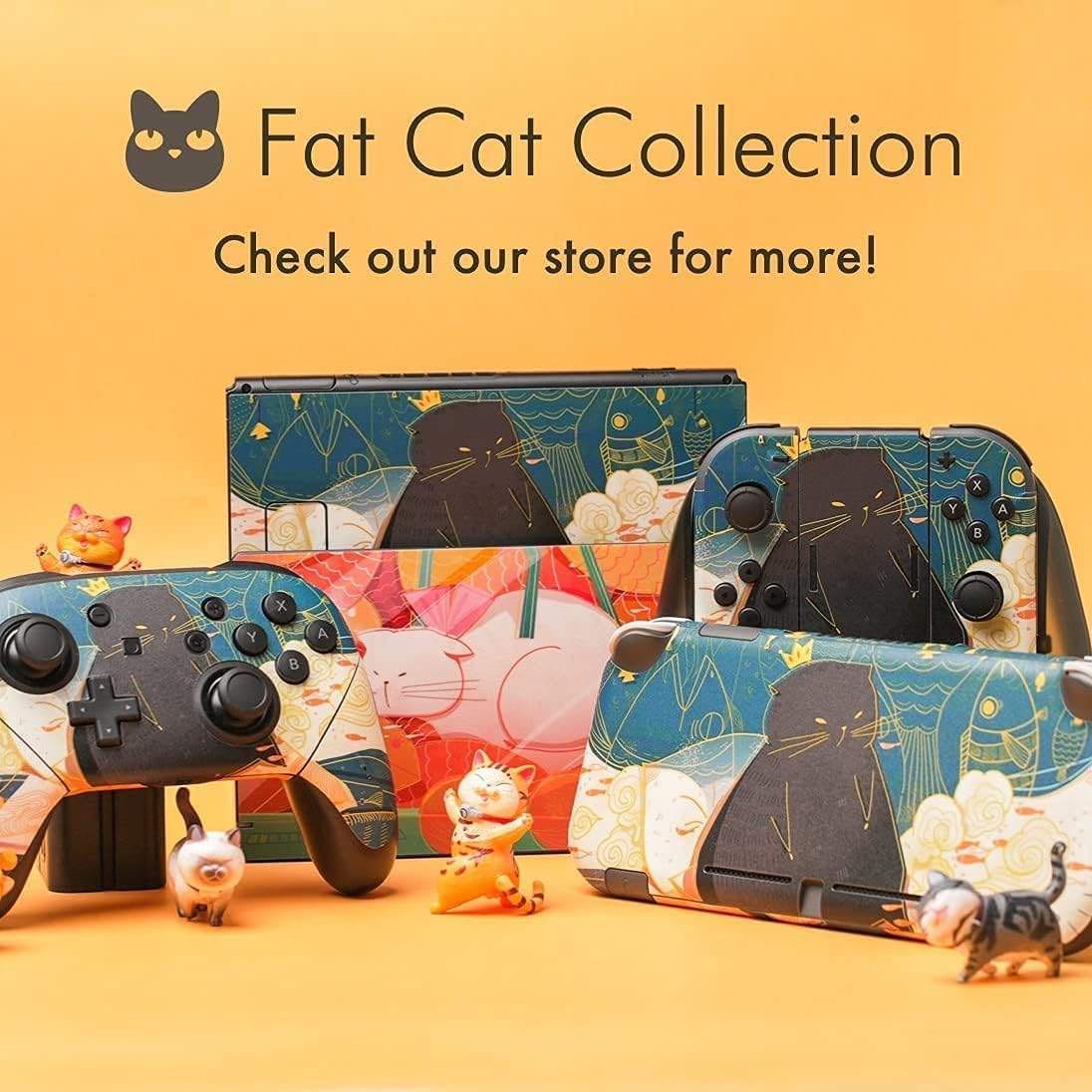 BelugaDesign Fat Cat Switch Skin | Pastel Sticker Wrap Vinyl Decal | Cute Kawaii Animal Leaves Cartoon Full Set Compatible with Nintendo Switch (Switch Standard, Multicolored)
