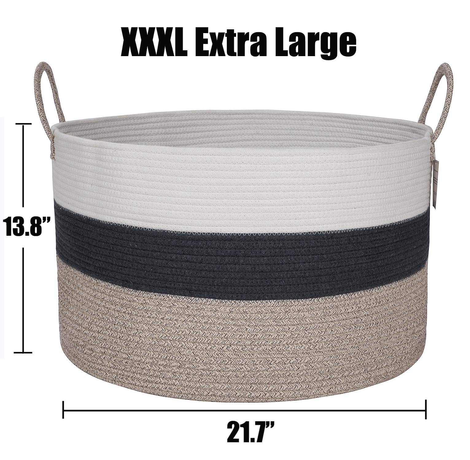 Extra Large Cotton Rope Basket Woven Basket Storage Baby Laundry Hamper with Handles for Nursery Laundry, Clothes, Toys, Blanket, Magazines, Towels, Home Organize Container 21.7" x 21.7" x 13.8"