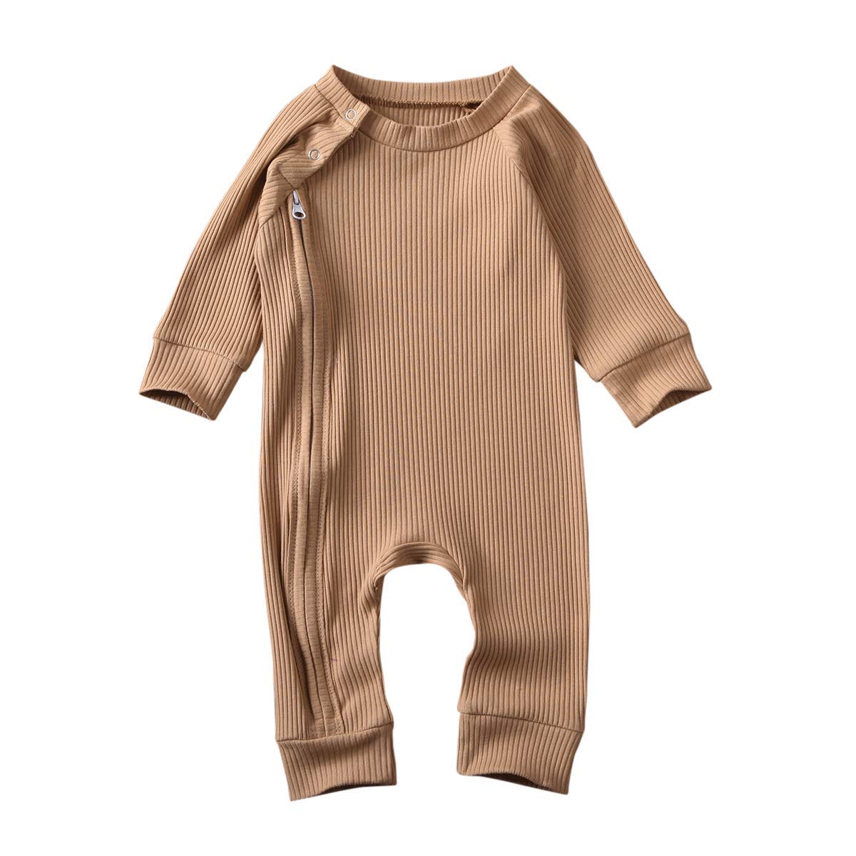 iddolaka Newborn Baby Boy Girl Long Sleeve Zipper Romper Bodysuit Jumpsuit Playsuit One Piece Outfit Fall Winter Clothes(Z-Long Sleeve Fall Romper Khaki, 0-3 Months)