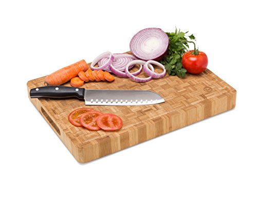 End Grain Wood Bamboo Cutting Board for Kitchen, Commercial Use - Extra Large, Thick Butcher Block with Juice Groove, Handles, and Non-Slip Feet for Chopping Veggies, Carving Meat, Bread and Cheese
