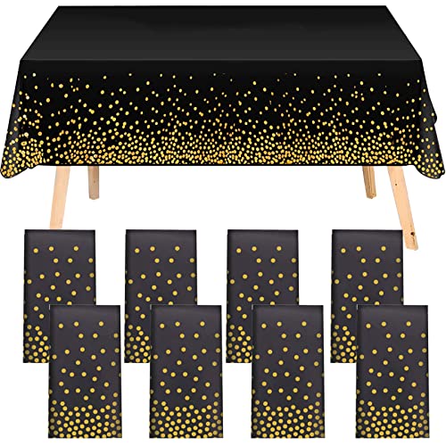 8 Pack Disposable Tablecloth 54" X 108" Rectangular Table Cover Gold Dot Black Table Cloths Waterproof Parties Tablecloths for Indoor or Outdoor Events, BBQ, Party, Wedding, Graduation, Thanksgiving