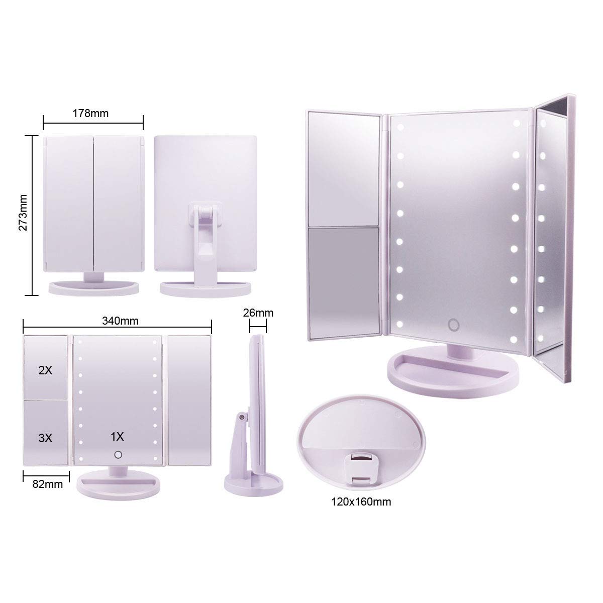 KXA Tri-Fold Vanity Mirror, 21 LED Lighted with Touch Screen 1X/2X/3X Magnification and USB Charging Adjustable Brightness and Stand for Makeup