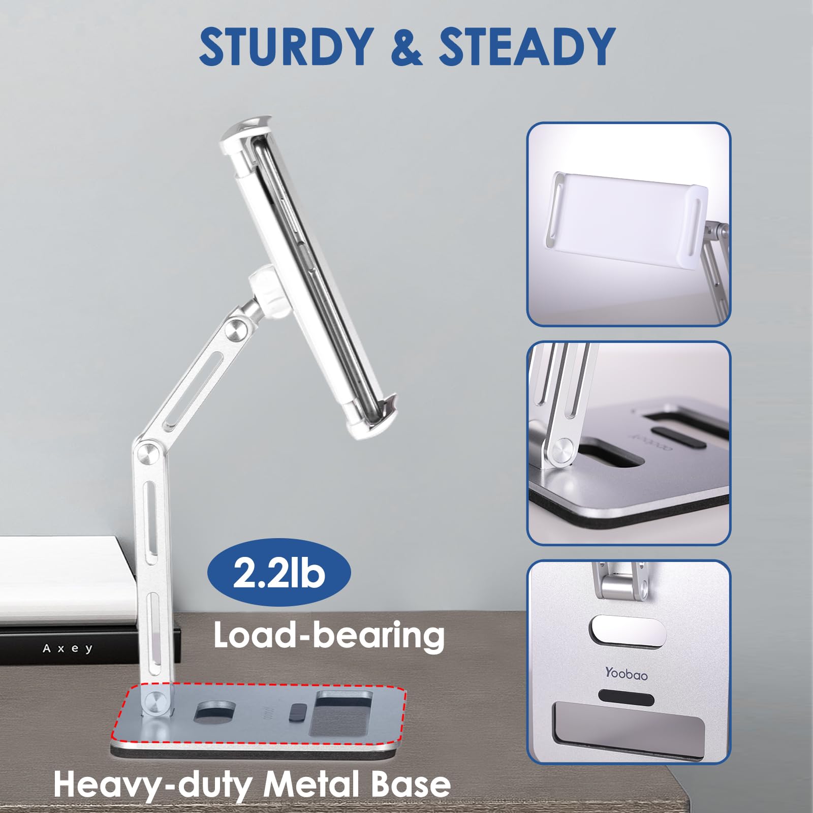 Yoobao Tablet Stand Holder, [Tightness Adjustable] 360° Swivel Foldable Aluminum iPad & Phone Stand for Desk with Heavier Base, Fit for 4.7"-12.9" Microsoft Surface Pro/iPad- Silver