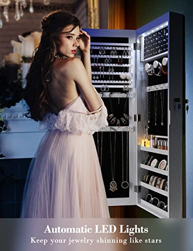 Nicetree 6 LEDs Mirror Jewelry Cabinet with 3 Improvements, 4.2" D Lockable Mirror with Jewelry Storage, Door/Wall Mounted Jewelry Organizer Mirror, Larger Capacity, White