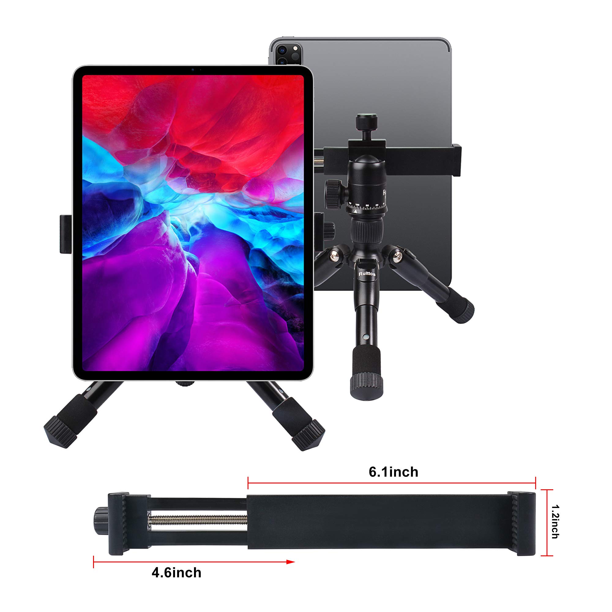 iPad Holder, Tablet Tripod Mount Adapter and Camera Shutter 6.3-9.25 inches Adjustable Vlog Clamp Compatible with iPad Mini iPad 2/3/4, Air/Air2, iPad Pro Microsoft Surface Samsung Tab A10 Fire