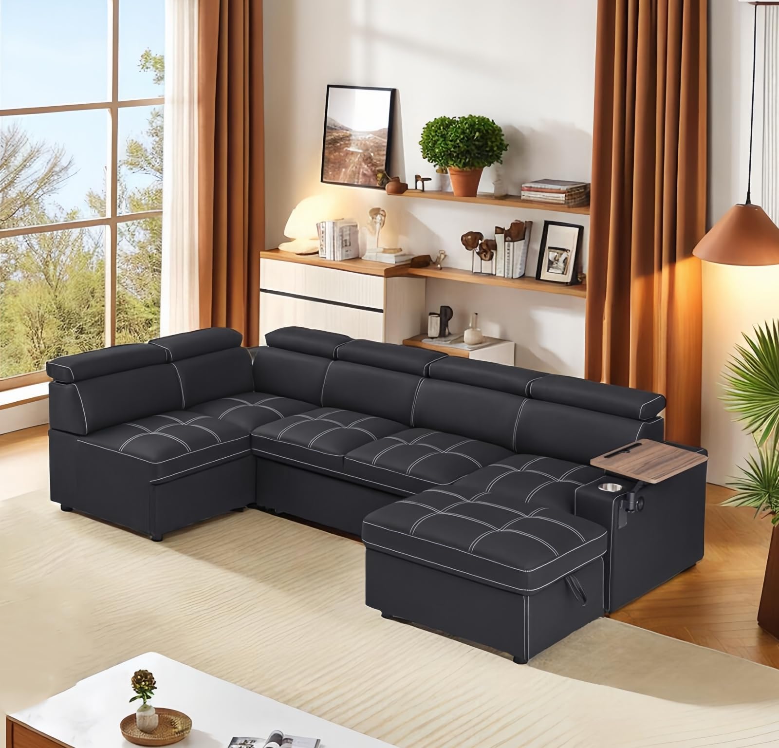 65'' Sleeper Sofa with Pull Out Bed, Convertible Sofa Couch for Living Room, Adjustable Backrest Sleeper Couch with 360 Degree rotatable Side Table for Living Room,RV