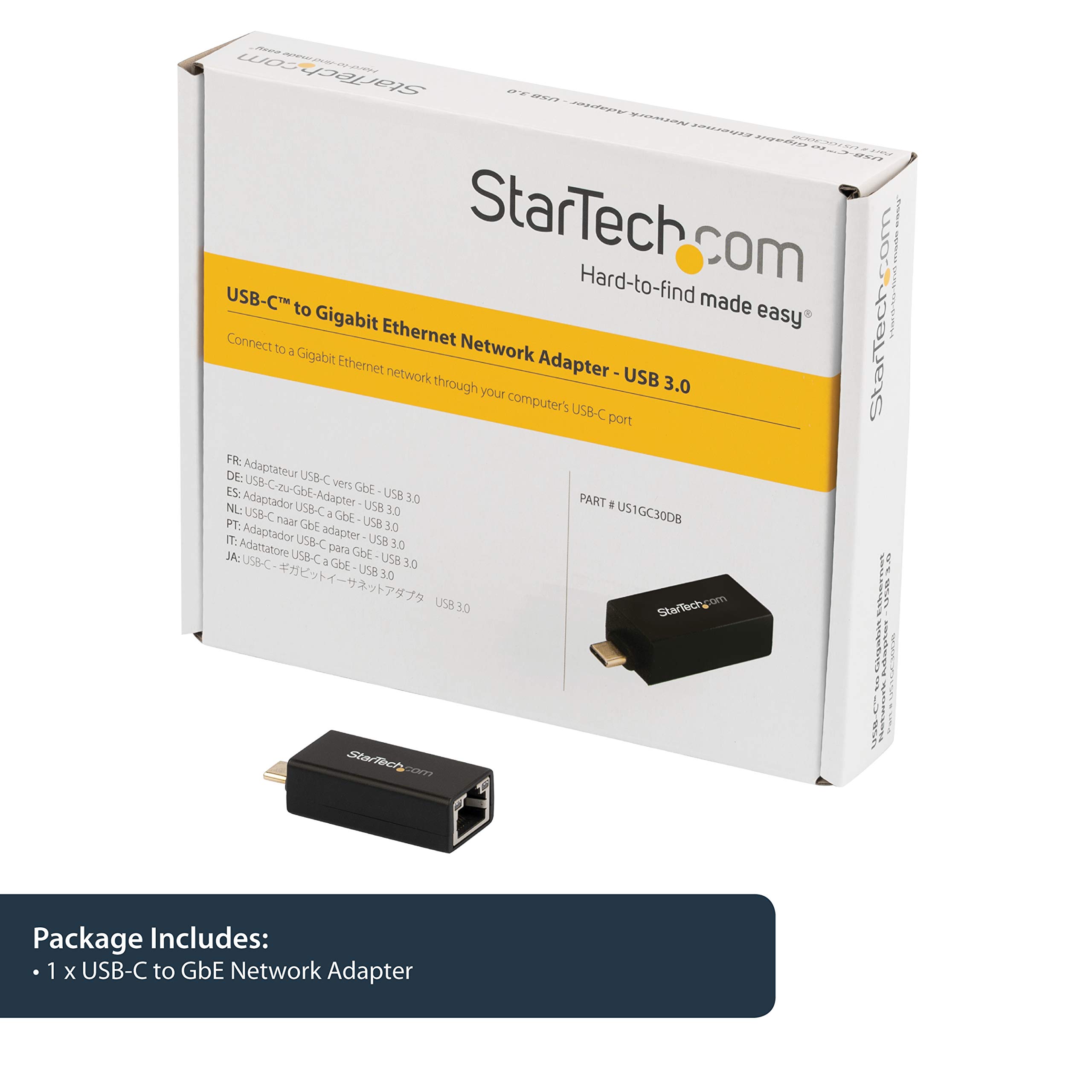 StarTech.com USB C to Gigabit Ethernet Adapter - 1Gbps NIC USB 3.0/USB 3.1 Type C Network Adapter - 1GbE USB-C to RJ45/LAN Port Thunderbolt 3 Compatible Windows MacBook Pro Chromebook (US1GC30DB)