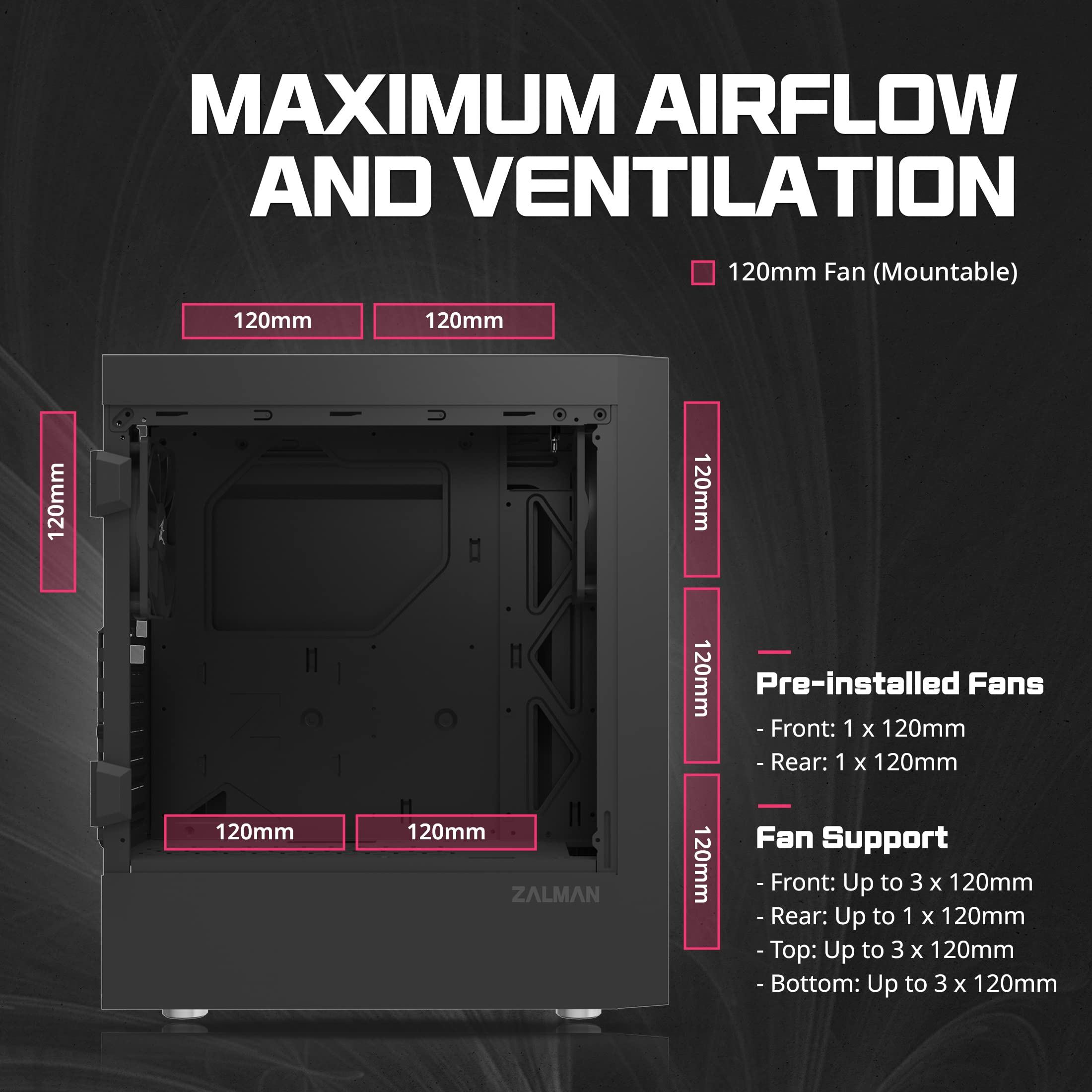 Zalman T7 Compact ATX/mATX Desktop Computer PC Case, 2 x 120mm Fans Preinstalled, 3D Wave Patterned Mesh Front Panel, Tinted Acrylic Side Panel, USB 3.0