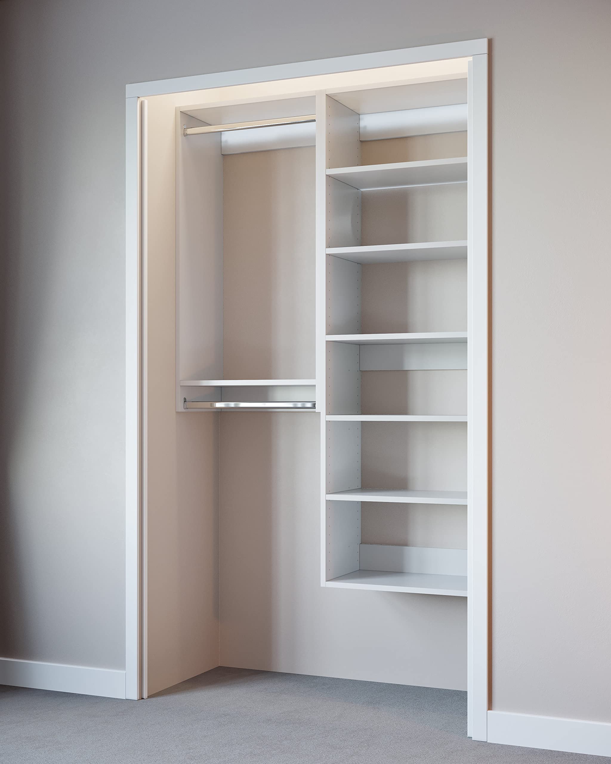 Closet Kit with Hanging Rods & Shelves - Corner Closet System - Closet Shelves - Closet Organizers and Storage Shelves (White, 60 inches Wide) Closet Shelving