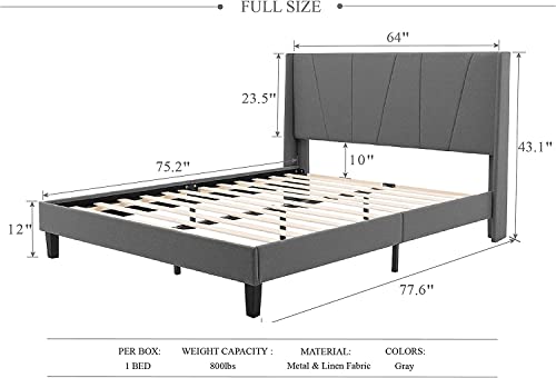 Benevika Full Size Bed Frame with Modern Geometric Wingback Headboard, Upholstered Platform with Wooden Slats, No Box Spring Needed, Mattress Foundation, Grey