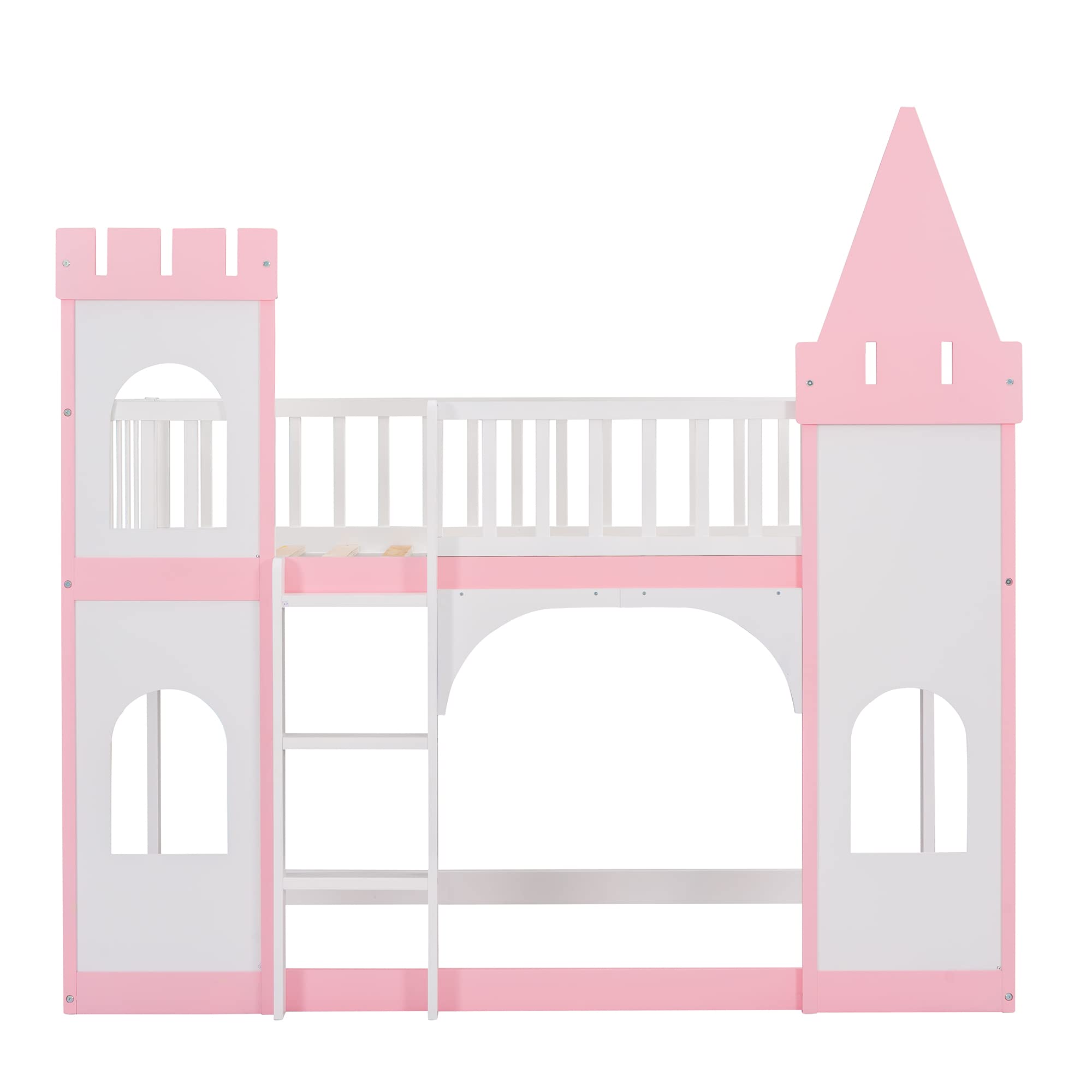 Harper & Bright Designs Twin Over Twin Kids Bunk Bed, Twin Loft Bed with Castle Shape Design, Wooden Floor Bunk Beds for Girls Boys Bedroom Dorm, Pink