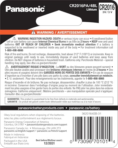 Panasonic CR2016 3.0 Volt Long Lasting Lithium Coin Cell Batteries in Child Resistant, Standards Based Packaging, 4-Battery Pack