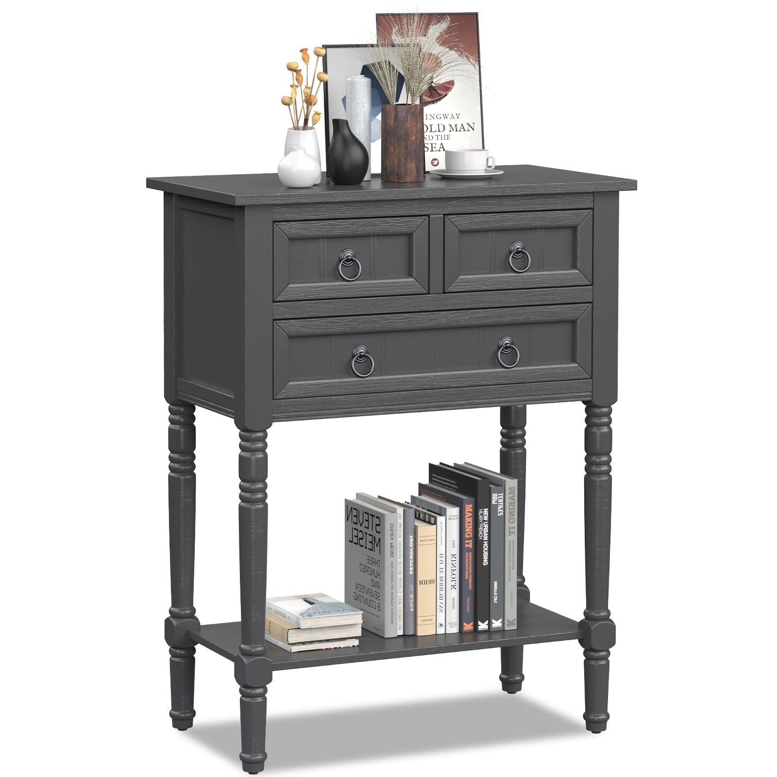 Giantex Entryway Table with Storage, Rustic Small Console Table w/ 3 Drawers & Open Bottom Shelf, Skinny Wood Console Table, Narrow Sofa Side Table for Living Room, Foyer, Hallway, Entry Table, Beige