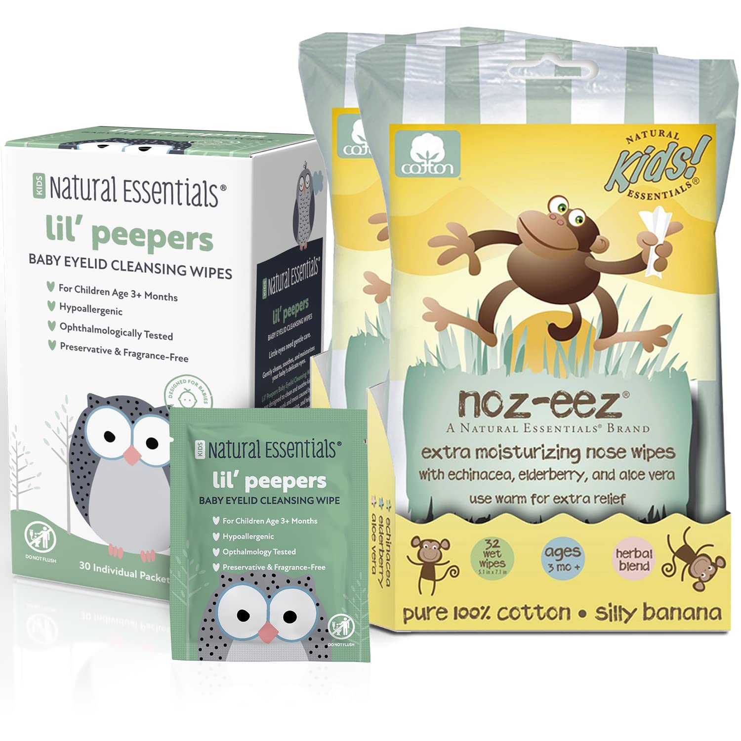 Natural Essentials Lil' Peepers Bundle - Baby Eyelid Cleansing Wipes, (30Ct) & 2 Packs of Moisturizing Nose Wipes (64 Wipes)