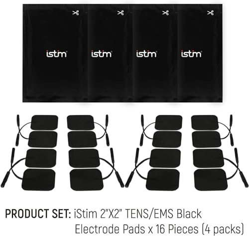 iStim Super Soft 2"x2" TENS Unit Electrodes for TENS Massage EMS Unit/Muscle Stimulator - 100% Japanese Gel - 16 Pieces Reusable Electrode Pads (2"x2"- 16 Pieces - Black)
