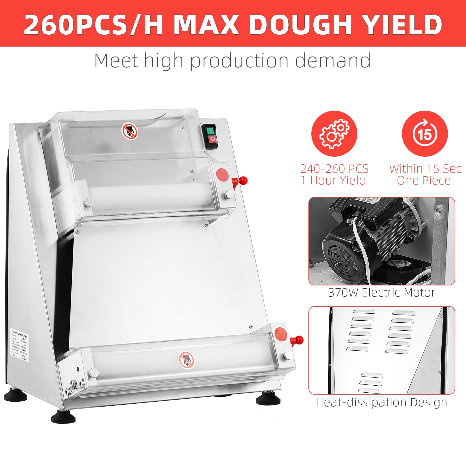 CHEINAUTO 01 Commercial Pizza Dough Roller Sheeter, 24.8 x 20.8 x 9.8 inches, Silver