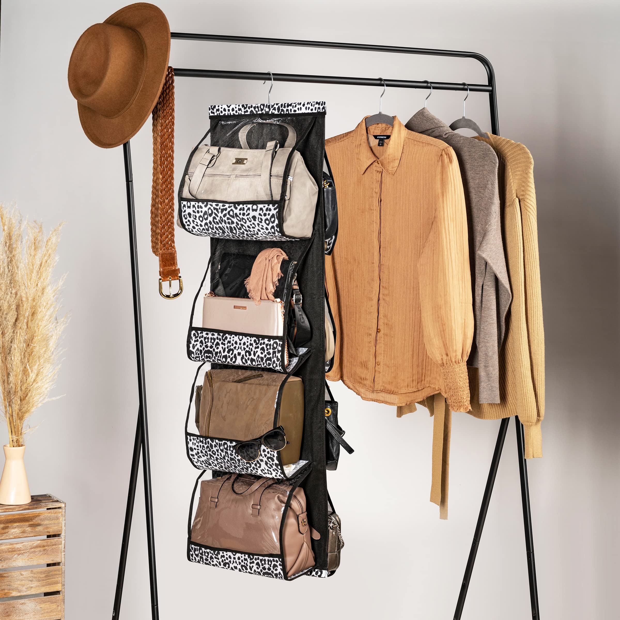 CLOZZERS 8 Pocket Hanging Purse Organizer for Closet, Handbag Storage with Clear Vinyl Pockets. Diamond Print Beige