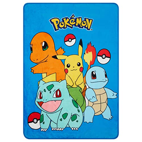 Pokemon Pikachu Fleece Throw Blanket Plush Throw - Pikachu Charmander Bulbasaur Pokeball Throw Blanket (Blue Group)