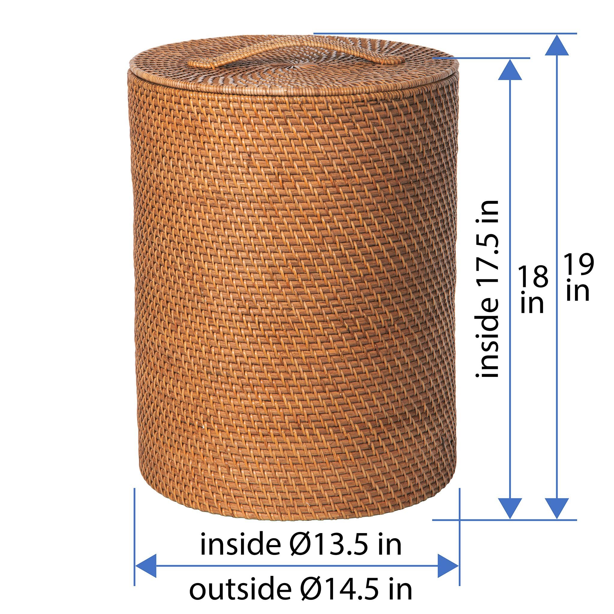 KOUBOO Round Rattan Laundry Hamper with Removable Liner and Lid - Coastal, Natural Decor Style - Small Size for Apartment Living - Honey-Brown -18 in. height