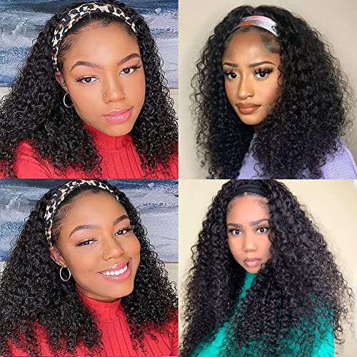 HeadBand Wig Curly Human Hair Wig None Lace Front Wigs for Black Women Deep Wave Machine Made Wigs Natural Color 150% Density 14inch