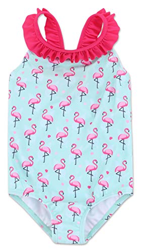 Dreamwave Flamingo Toddler Girls Swimsuit Set: Rash Guard Bikini Skirt One-Piece Pink/Blue 4T