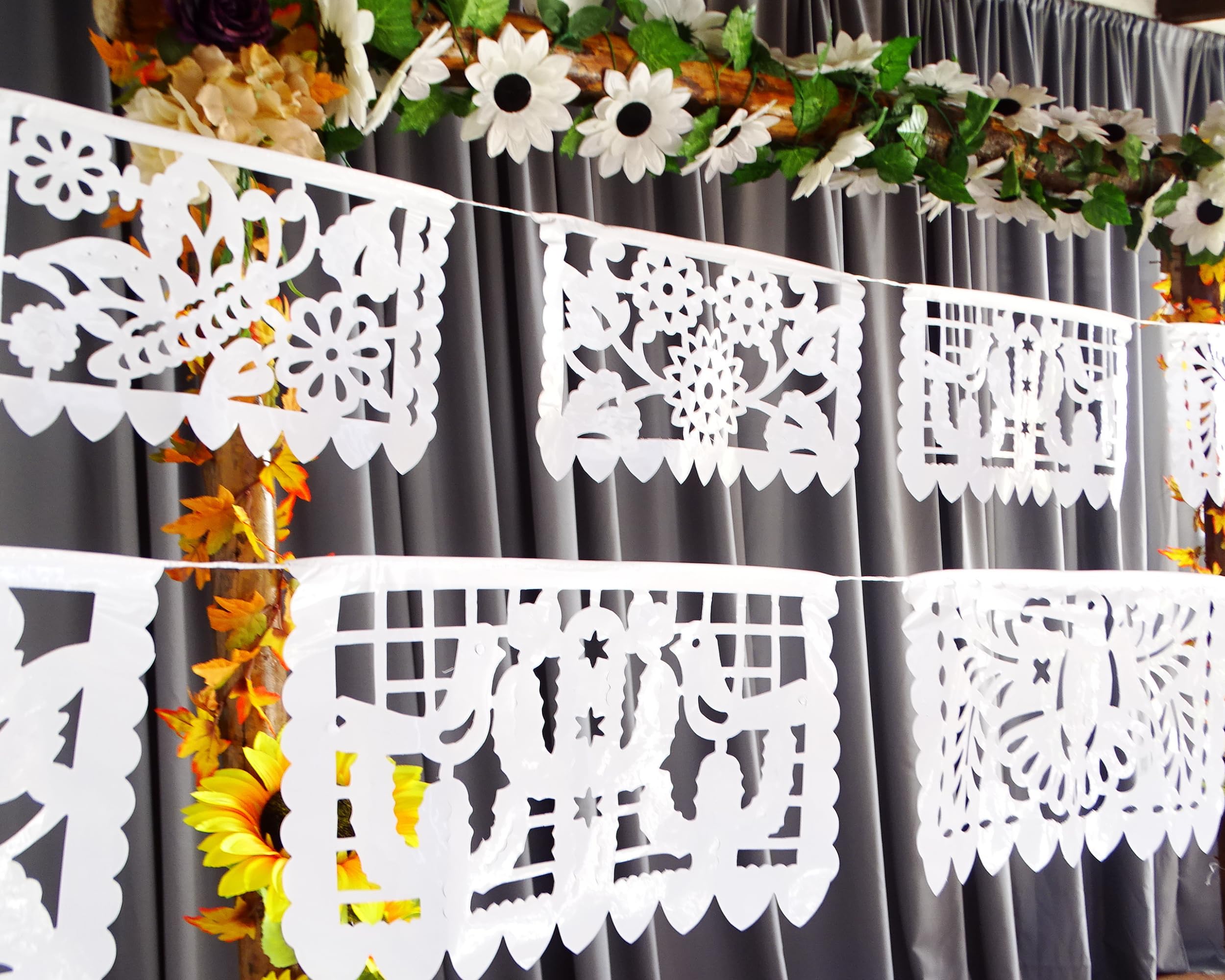 White Papel Picado Banner - Plastic Papel Picado Banner, garland, bunting, streamers - Fiesta Decorations - Mexican white Decorations for mothers day, bridal shower, weddings 5 pack/60 feet