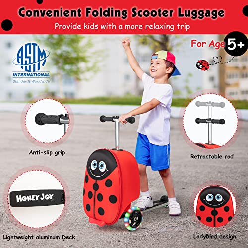 HONEY JOY Kids Scooter Suitcase, 18” Children Carry on Scooter Luggage w/Light-up LED Wheels, Waterproof Shell & Retractable Handle, Lightweight Foldable Ride on Suitcase for Kids Boys Girls(Red)