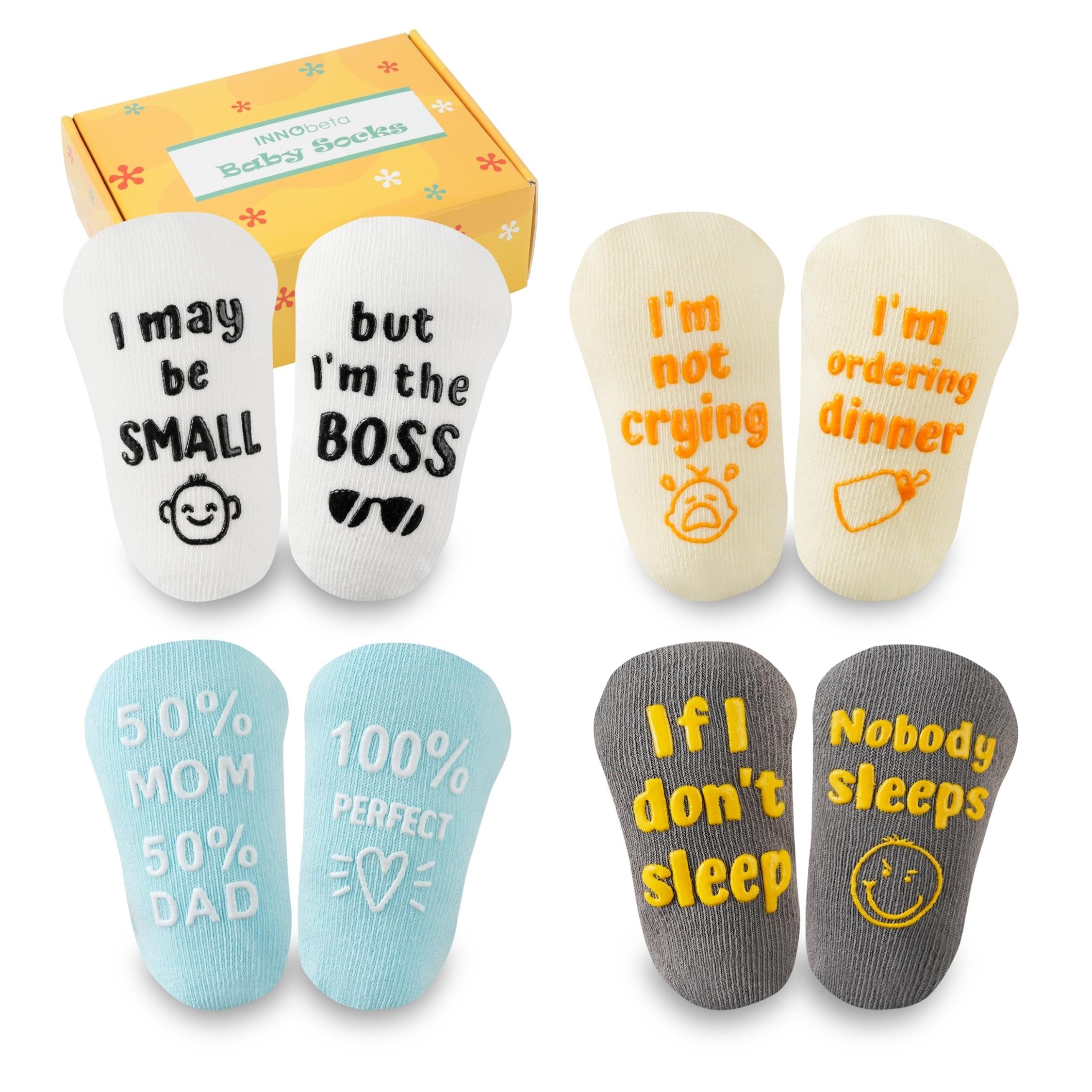 InnoBeta Baby Socks Set with Funny Quotes (4 Pairs) Newborn/Infant Socks for Baby Shower, Gender Reveal 3-12 Months, Gender Neutral