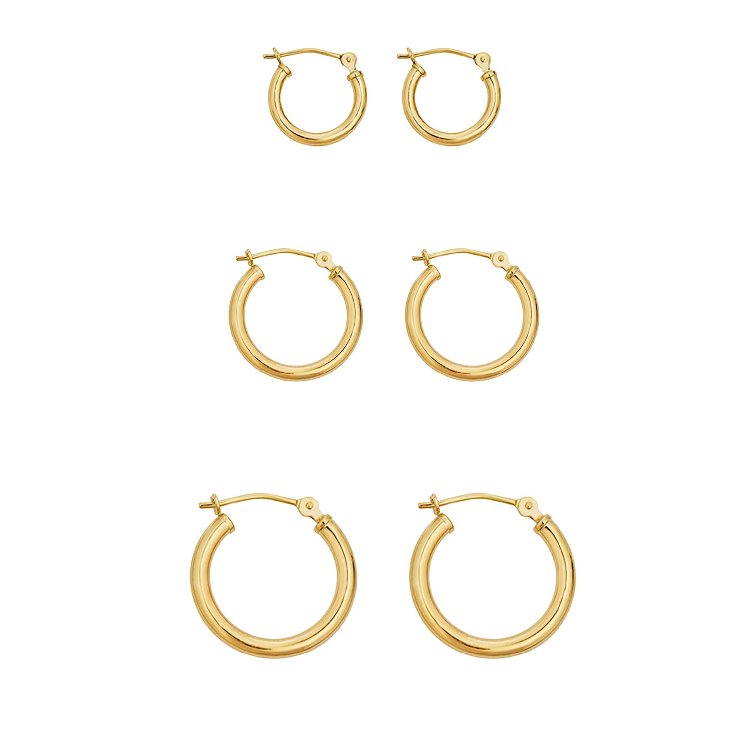 AVORA 3-Pair 10K Yellow Gold Classic Polished 2mm Tube Hoop Earrings Set