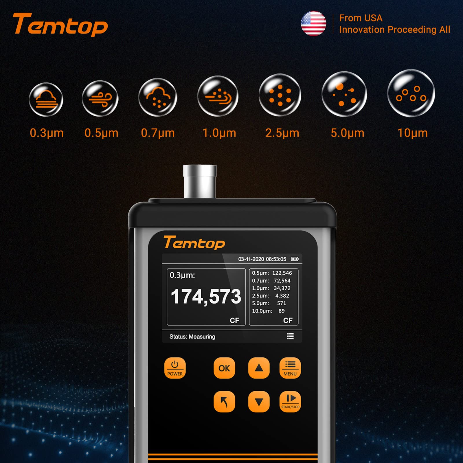 Temtop Professional Particle Counter Affordable Cleanroom Portable Particulate Sensor 0.3μm~10μm Particulate Matter Tester PM0.5, PM2.5, PM10 Detector ISO-21501 Certified PMD331
