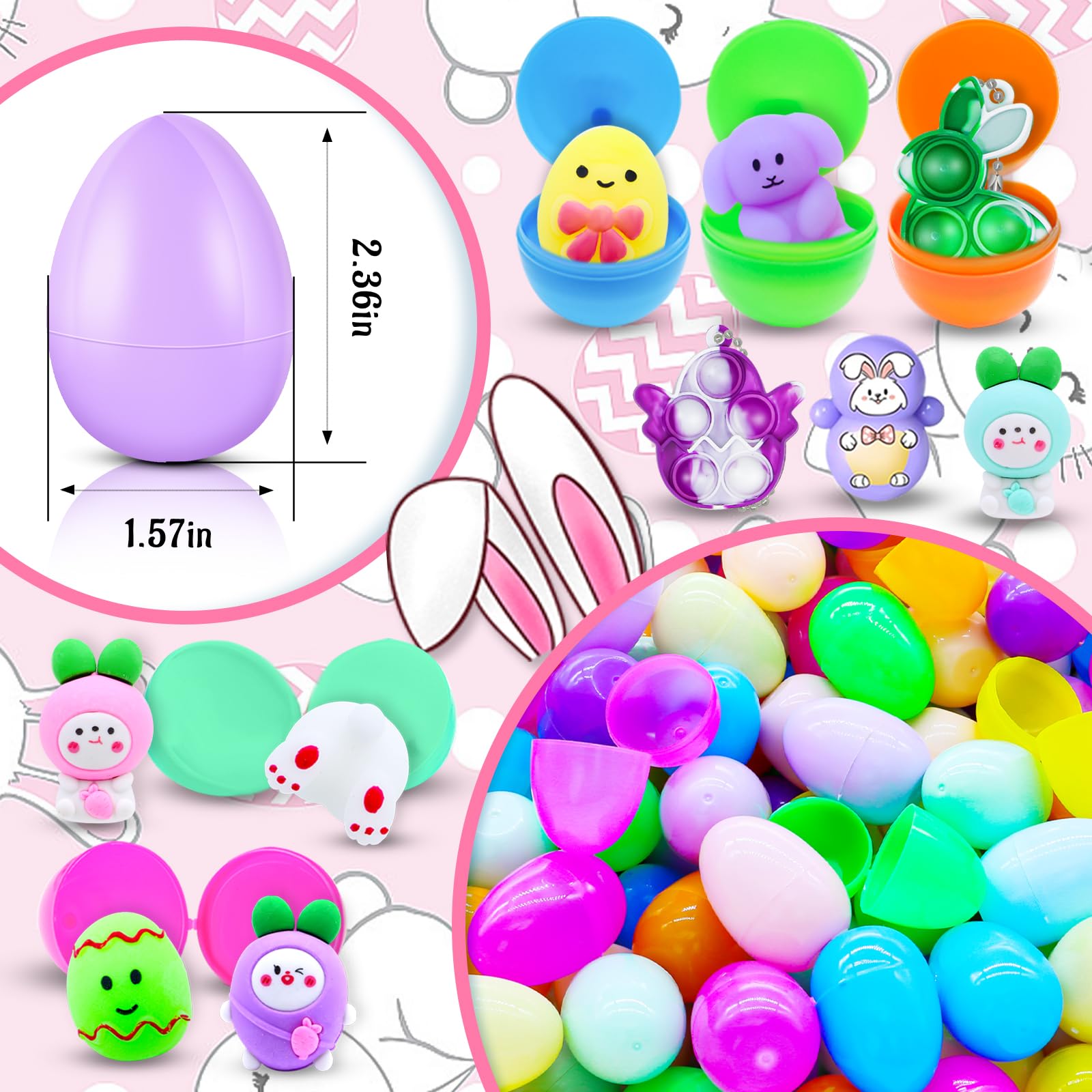 60 PCS Prefilled Easter Eggs with Toys Inside, Basket Stuffers,Bulk Easter Eggs Fillers with Mini Pop Keychain,Plastic Easter Egg Filled with Squishy Toys Rabbit, Easter Easter