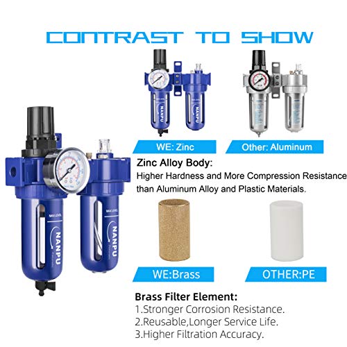 NANPU 3/8" NPT Compressed Air Filter Regulator Lubricator (FRL), Zinc Alloy, 5 Micron Brass Element, 0-150 psi Gauge, Quick Release Bowl, Manual Drain, Metal Bracket