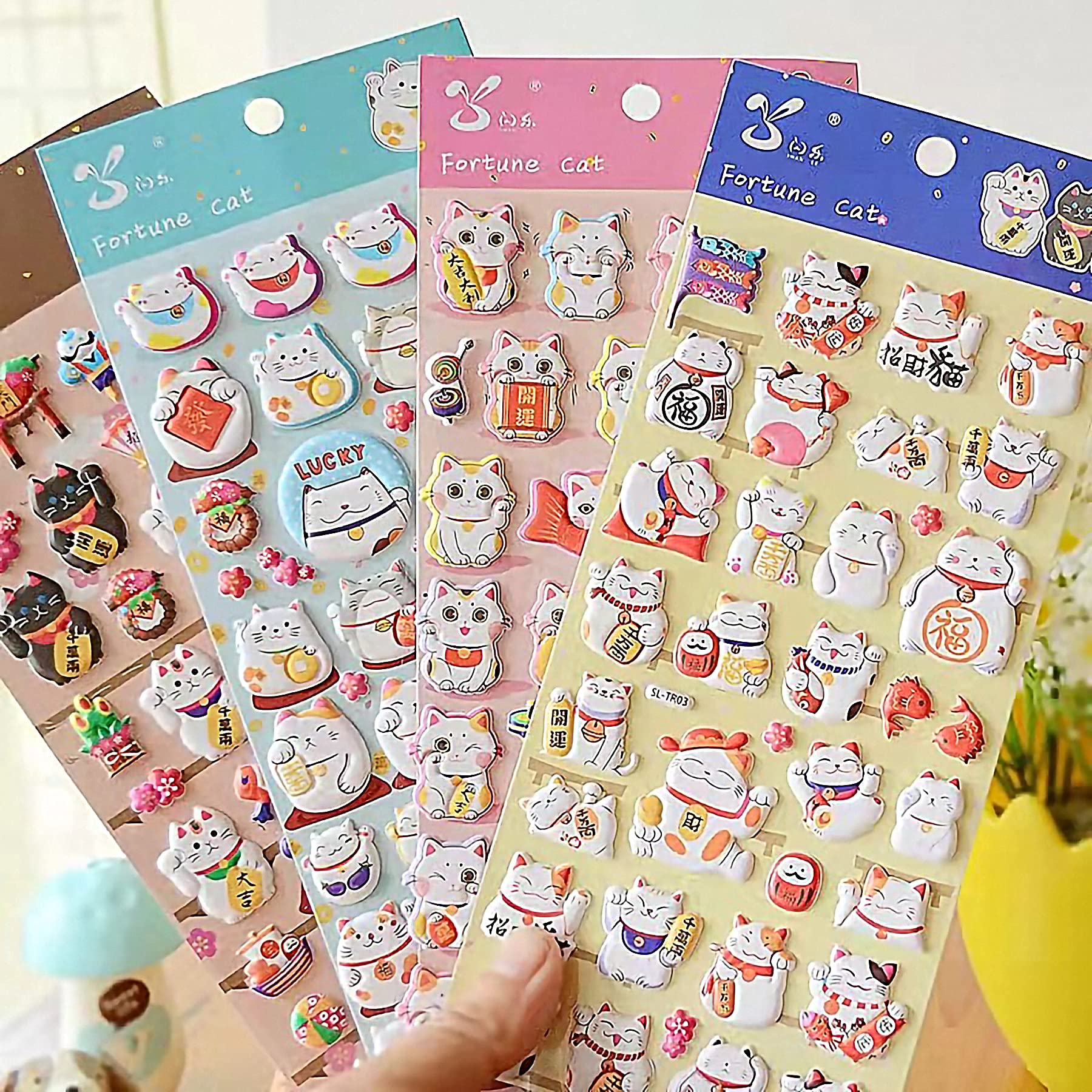 EatingBiting 4 Sheets More Than 140pcs Japanese Maneki Neko Foam Stickers Lucky Fortune Fengshui Stickers Diary Scrap Book Scrapbooking Decor Decoration School Office Stationery Reward Gift